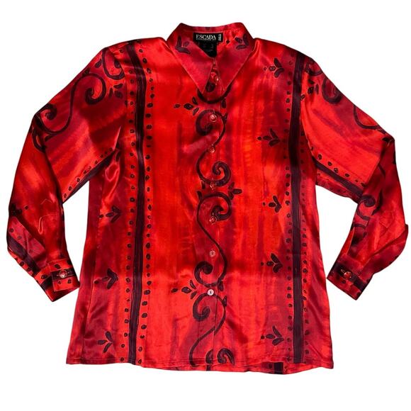 Escada | Tops | Escada Vintage Cherry Red Silk Abstract Pattern Button ...